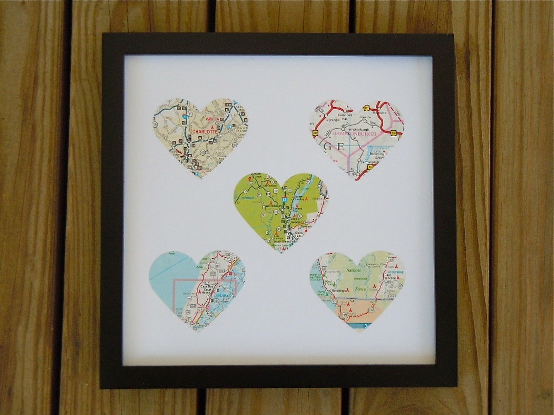 Framed Map Art - Five Maps - Choose Your Maps - Map Hearts - Custom ...