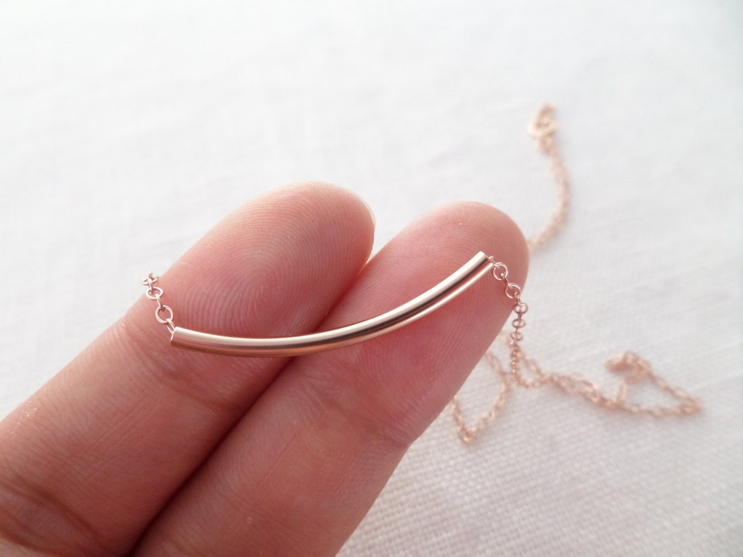 Rose Gold Tube Necklace, 14K Rose Gold Filled Curbed Bar Necklace ...