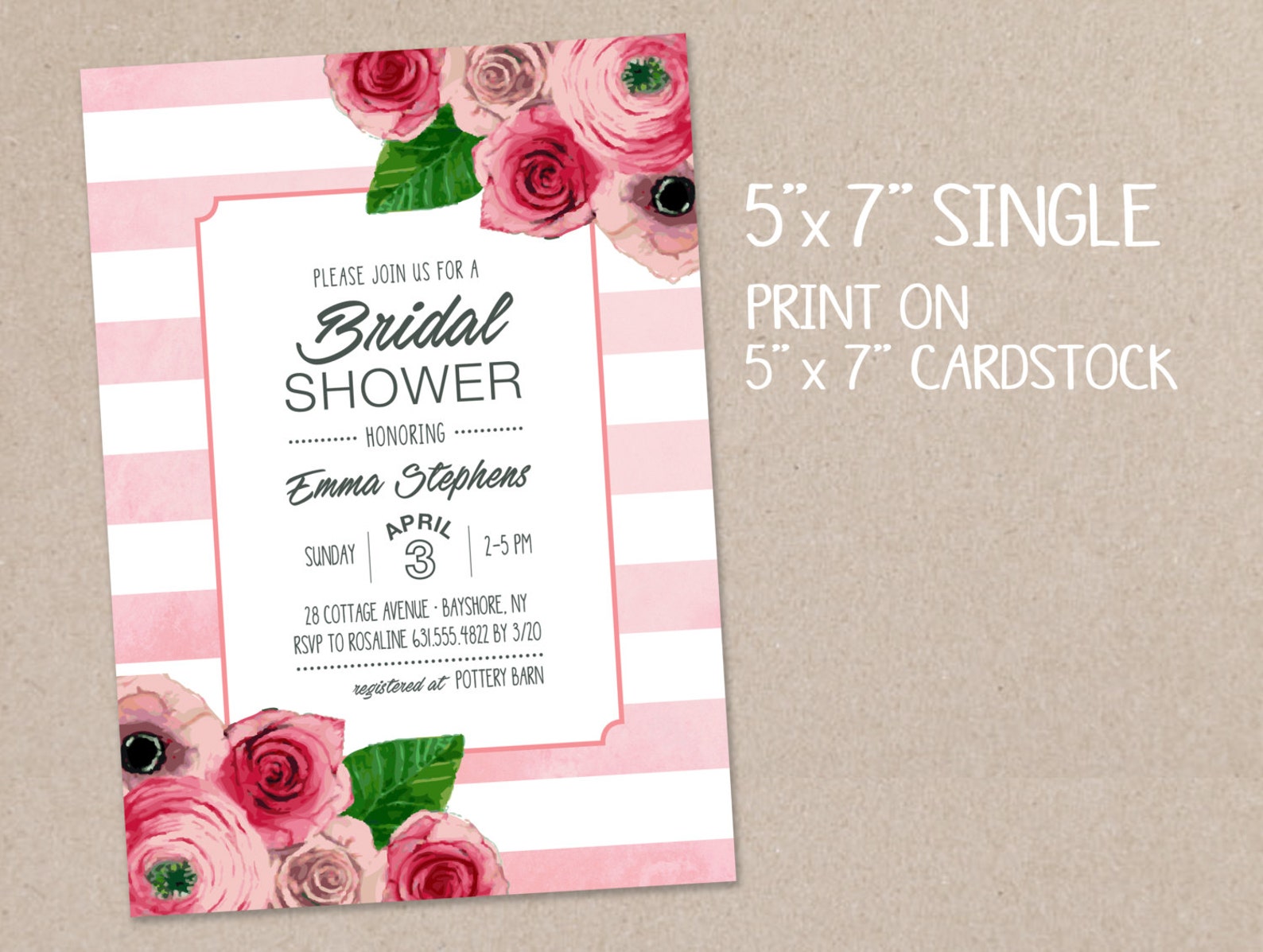 Digital Bridal Shower Invitation // Florals With Pink & White Stripes ...