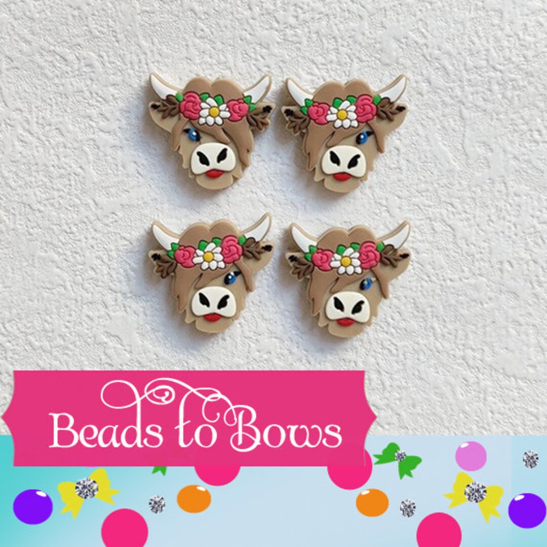 28mm Silicone Highland Cow Focal Bead, Flower Decorated Highland Cow ...