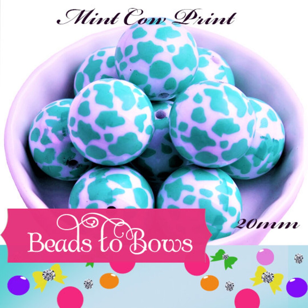 20mm Aqua Cow Print Bubblegum Beads, Acrylic Chunky Cow Beads, Gumball ...