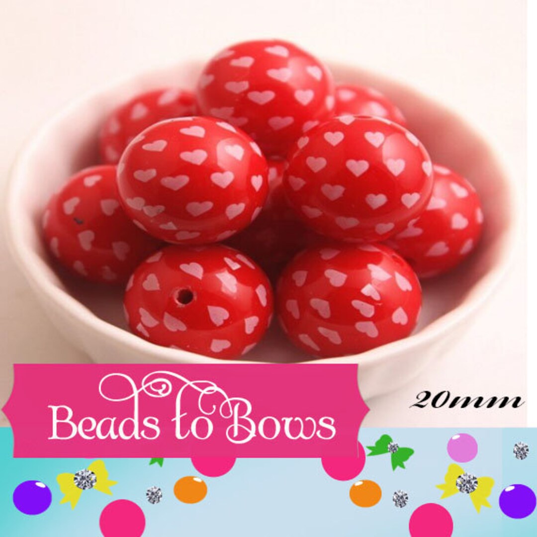 10 Red Bubblegum Beads With Printed Hearts , Bubblegum Beads, Gumball ...