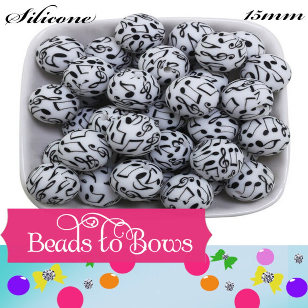 15mm Black and White Music Notes Print Silicone Bead, Teething ...