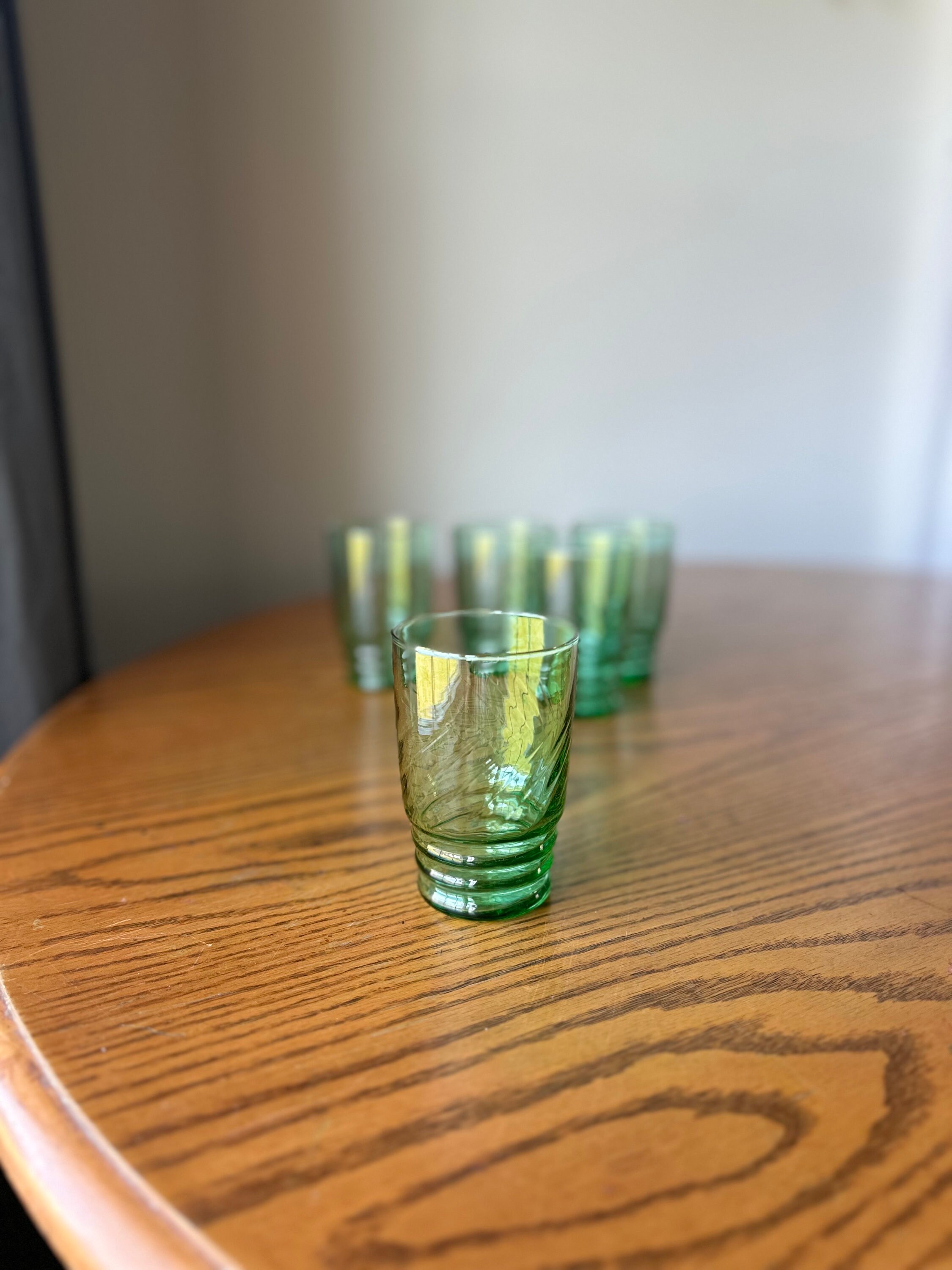 Set of 5 Vintage Libbey Green Optic Swirl Three Ringed Base 8 Oz ...