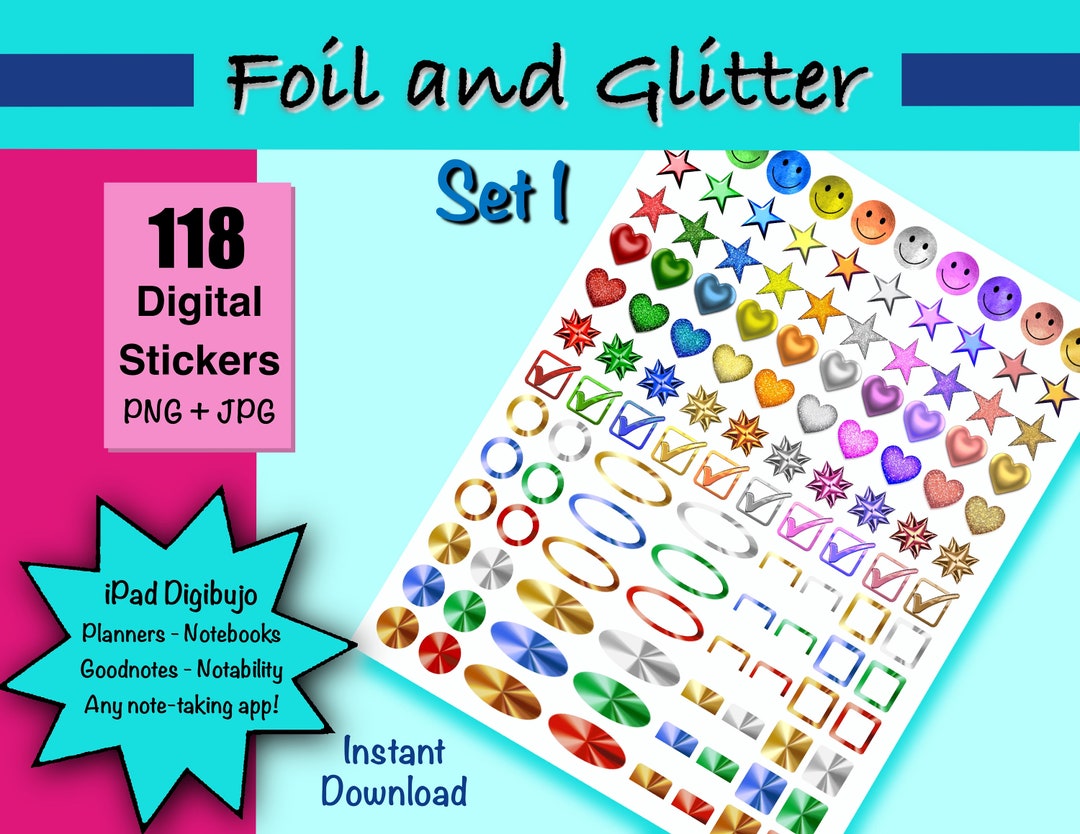 Foil and Glitter Digital Planner Stickers, Digital Stickers for ...