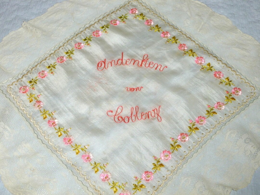 Antique WWI Embroidered 17 Silk & Lace Souvenir Handkerchief Coblenz ...