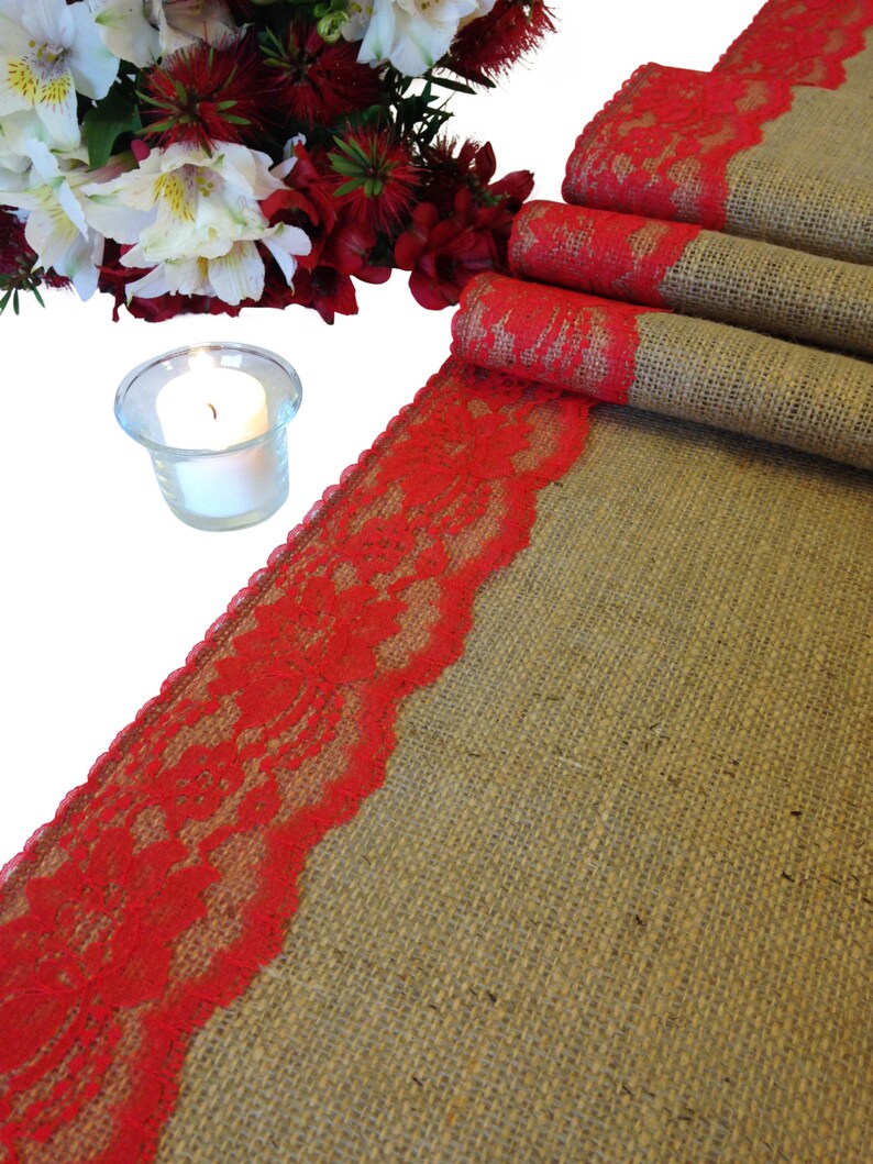 Burlap Lace Table Runner RED Lace Rustic Wedding Table | Etsy