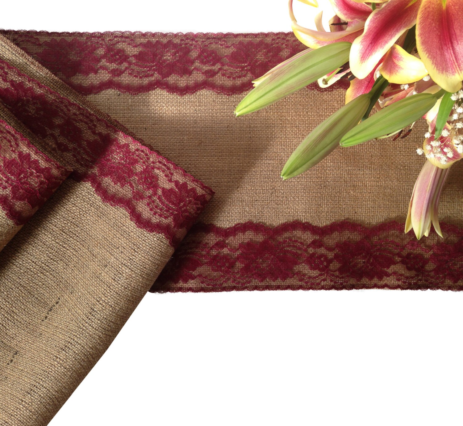 Burlap Table Runner, BURGUNDY RED/ WINE Lace - Wedding Table Runner; 12 ...