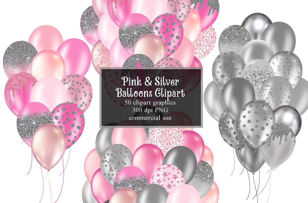 Pink Glitter Balloons Clipart, Pink & Silver Glitter Sparkle Confetti ...