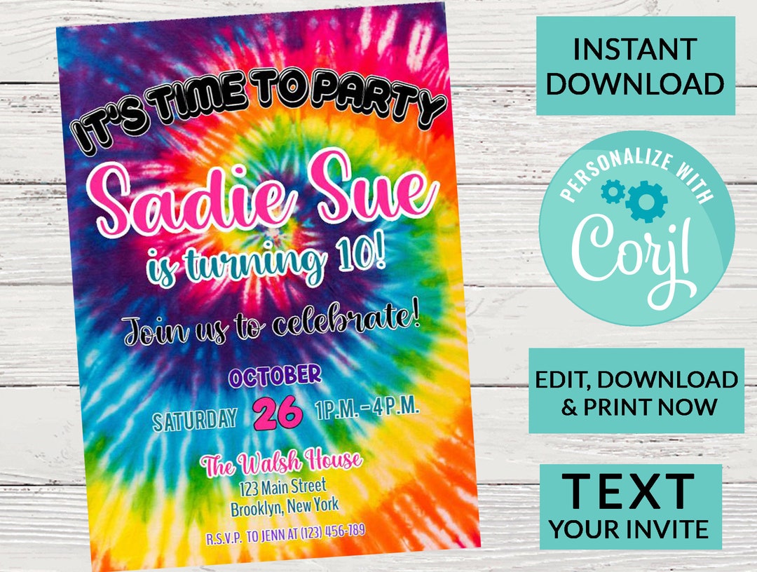 Tie Dye Birthday Invitation Rainbow Tie Dye Invite, Digital INSTANT ...