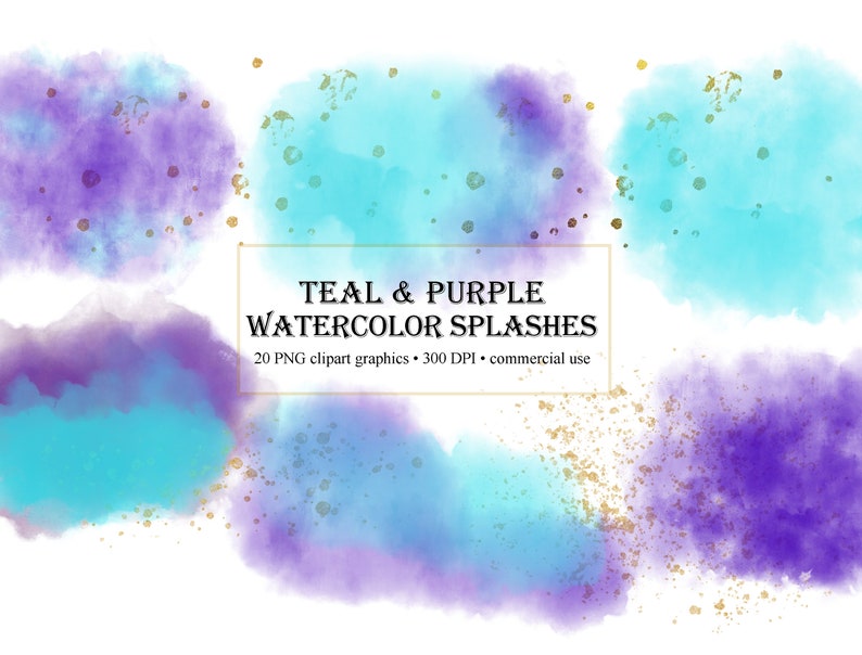Watercolor Clipart, Teal and Purple Watercolor Brush Clip Art, Splashes ...