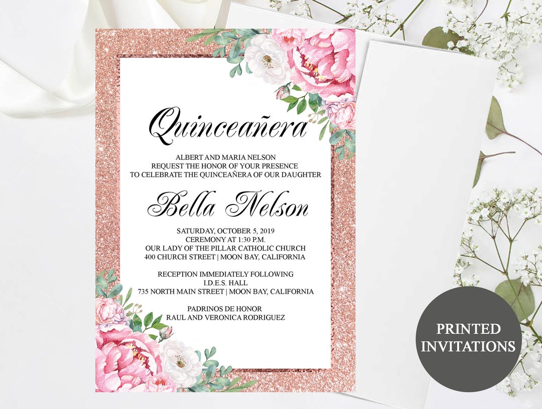 Pink Floral Rose Gold Glitter Quinceanera Invitation #27 | Printed ...