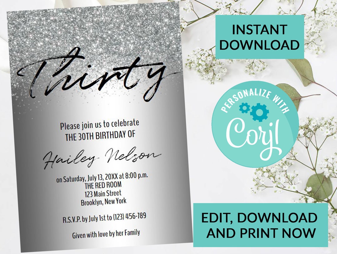 30th Silver Glitter Birthday Invitation Party #79 | Surprise Birthday ...
