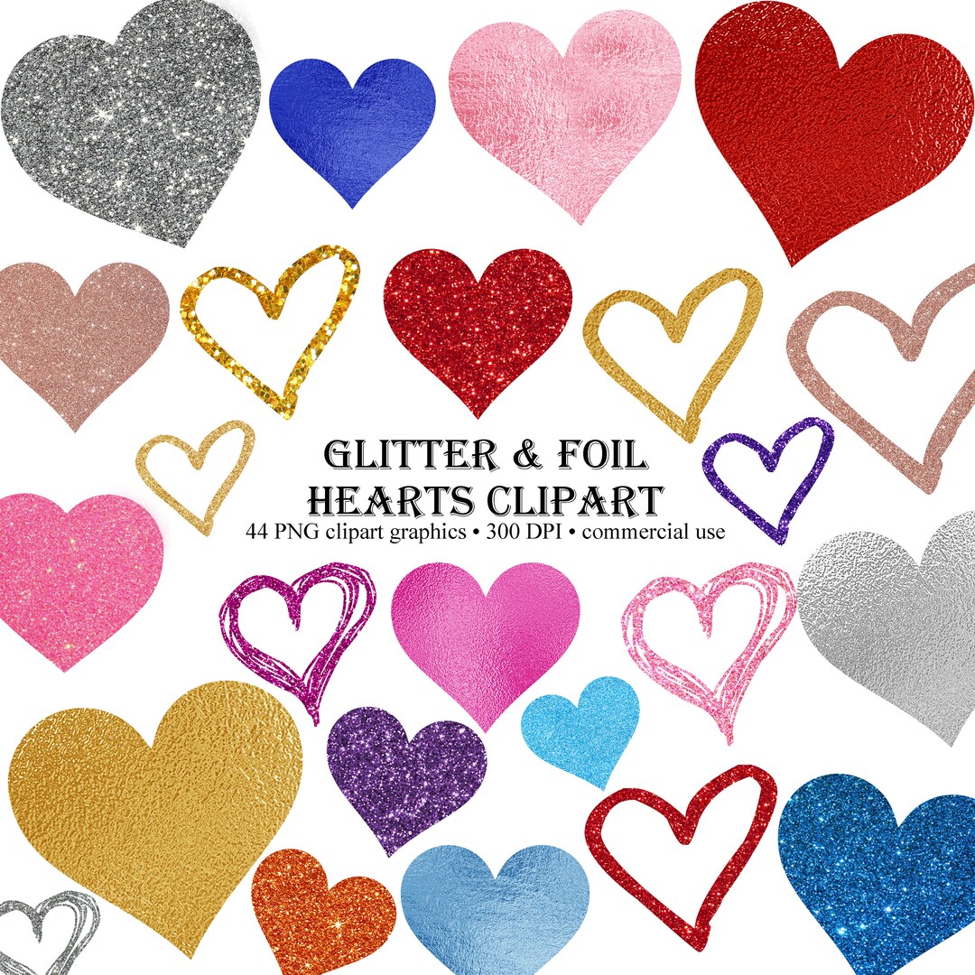 Hearts Glitter and Foil Clipart, Glitter Heart Clip Art, Silver, Rose ...
