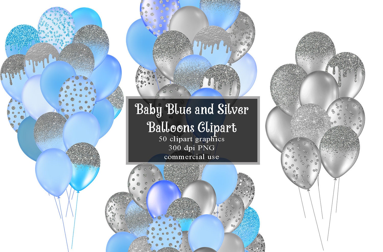 Baby Blue and Silver Balloons Clipart Glitter Balloon PNG | Etsy