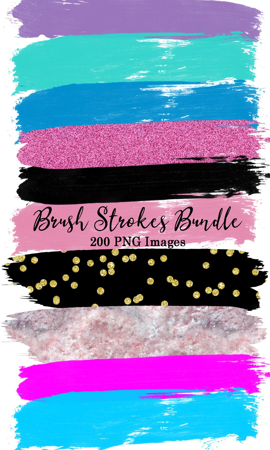 Brush Strokes Clip Art Bundle | 200 PNG Images | Foil, Marble, Glitter ...