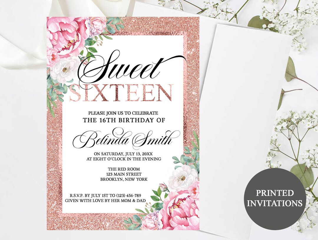 Glitter and Flowers Sweet 16 Invitation #52 | Printed Sweet 16 ...