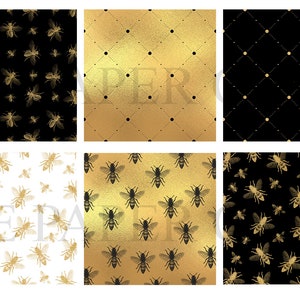 Honey Bee Hive Digital Paper, Black and Gold Bee Honeycomb Backgrounds ...