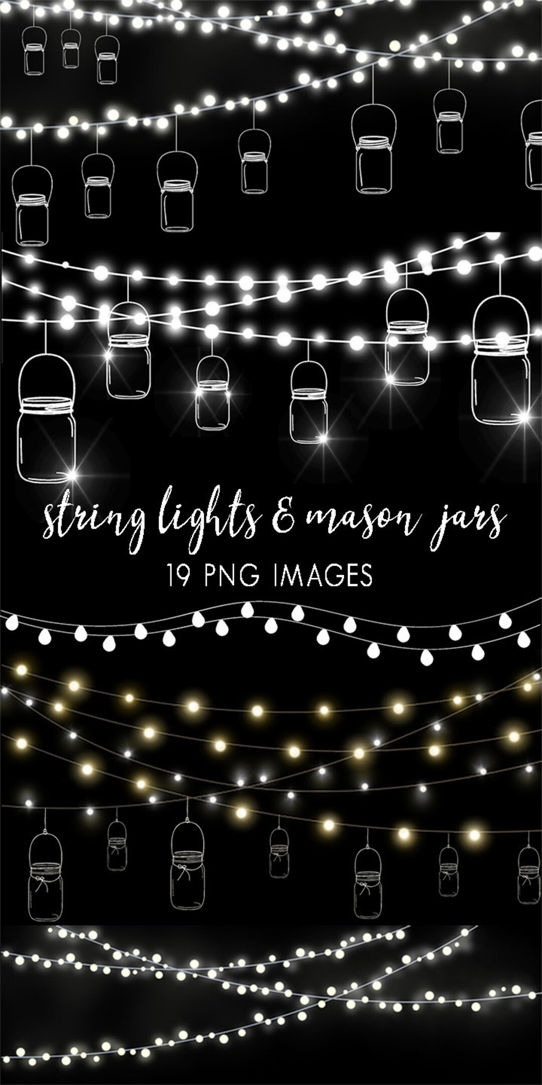 Mason Jars and String Lights Clipart, Fairy Lights Clip Art, Party ...