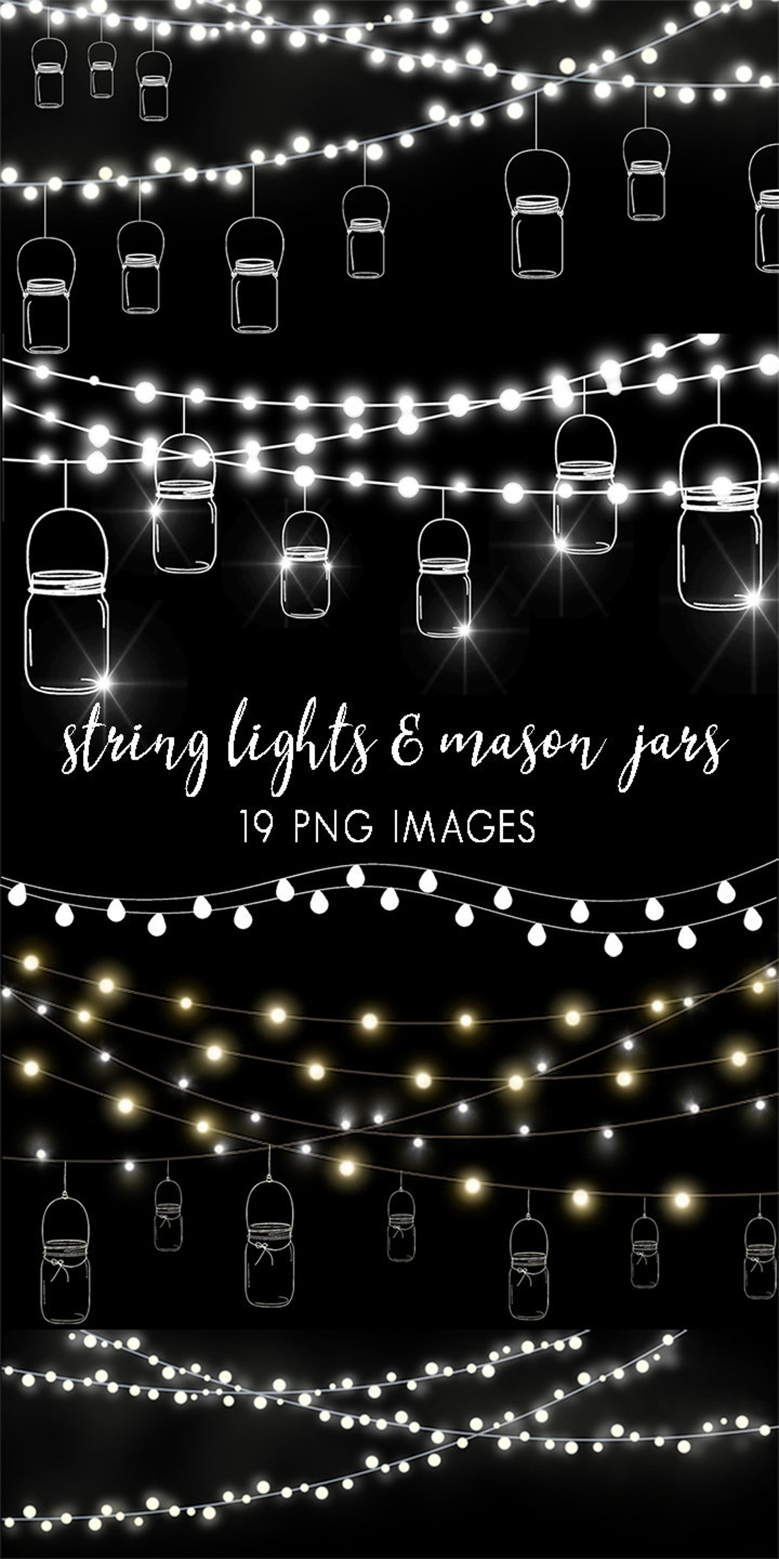 Mason Jars and String Lights Clipart, Fairy Lights Clip Art, Party ...