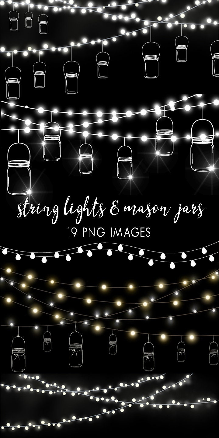 Mason Jars and String Lights Clipart, Fairy Lights Clip Art, Party ...
