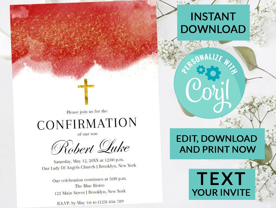 Confirmation Invitation Red Watercolor Religious Invite Digital INSTANT ...