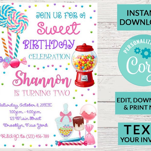 Candy Theme Birthday Invitation Candyland Birthday Digital - Etsy