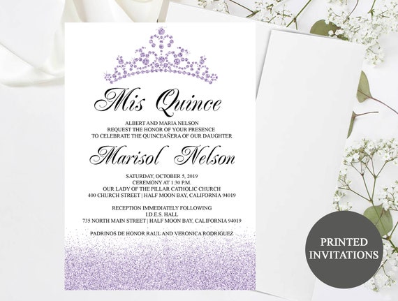 Lavender Glitter Tiara Quinceanera Invitation 22 Printed | Etsy