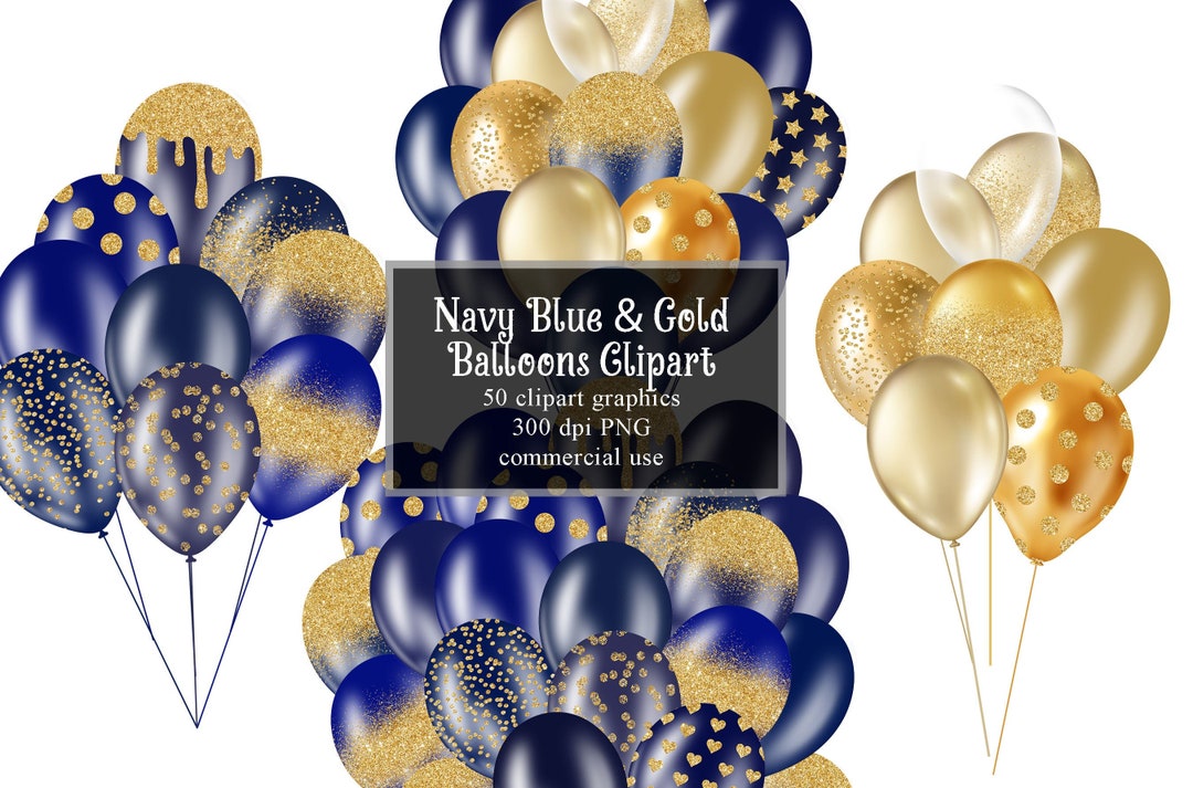 Navy Blue and Gold Glitter Balloons Clipart, Glitter Sparkle Confetti ...