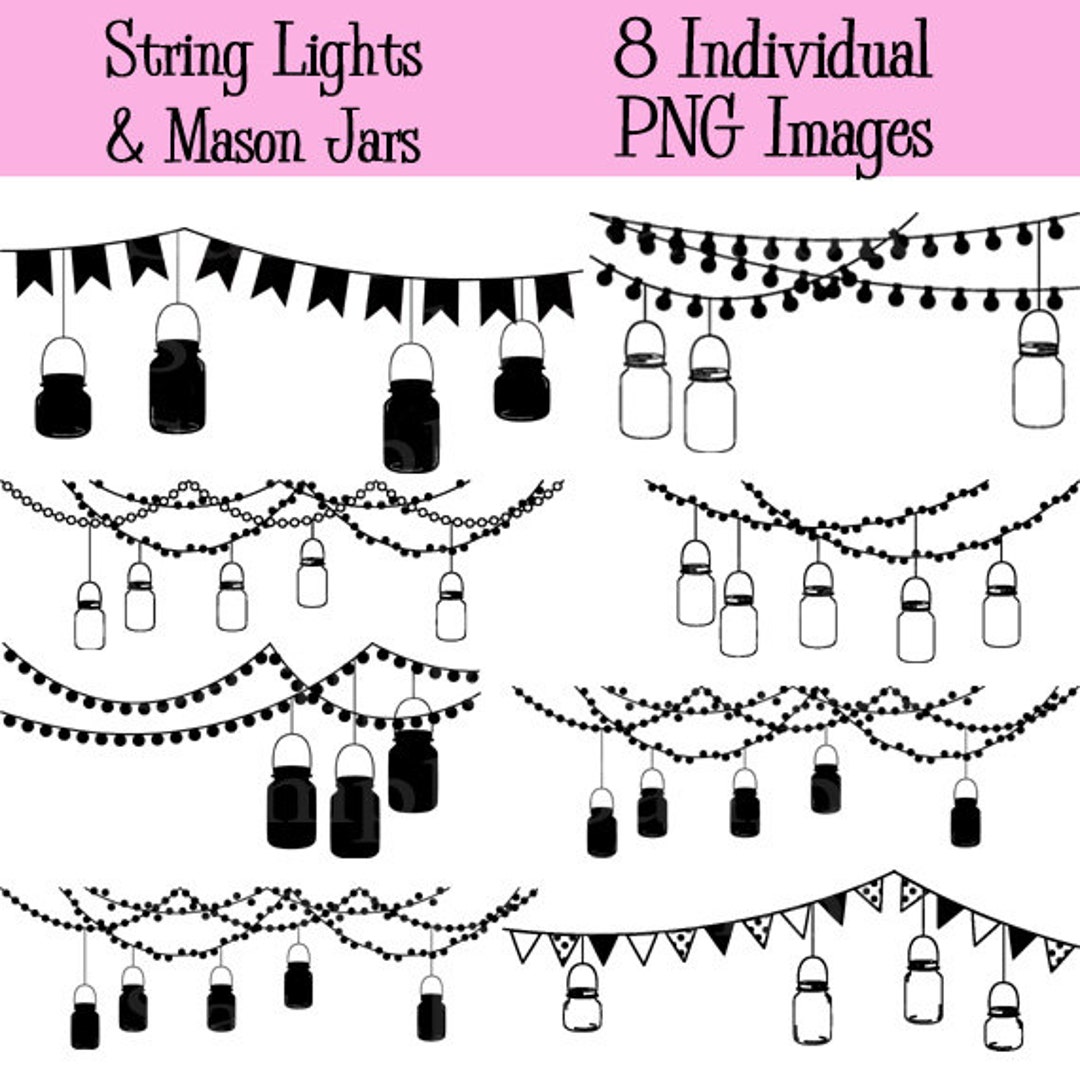 Mason Jars Digital Clipart , INSTANT DOWNLOAD, Lights and Hanging Mason ...