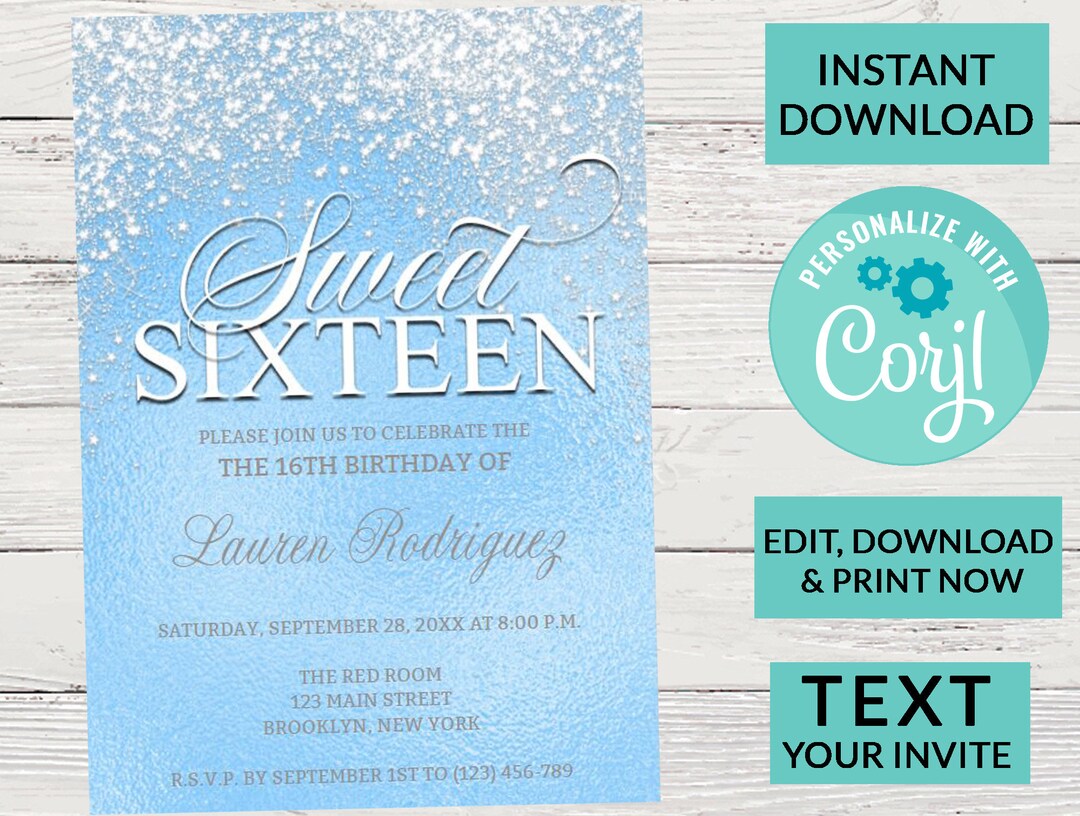Light Blue Foil Glitter Sparkle Sweet 16 Invitation | Digital INSTANT ...