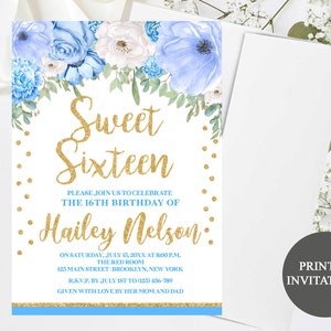 Sweet 16 Birthday Invitation #17, Light Blue and Gold Sixteenth ...