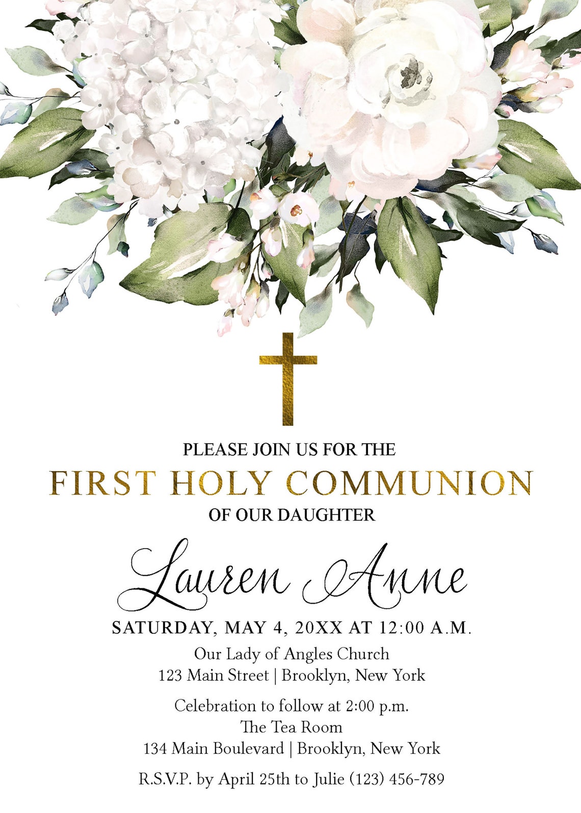 First Holy Communion Invitation 19 White Florals Printed | Etsy