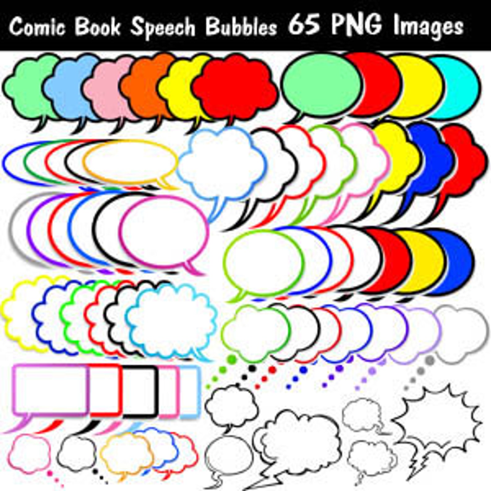 Comic Book Speech Bubbles Clipart 65 Piece PRINTABLE INSTANT DOWNLOAD ...