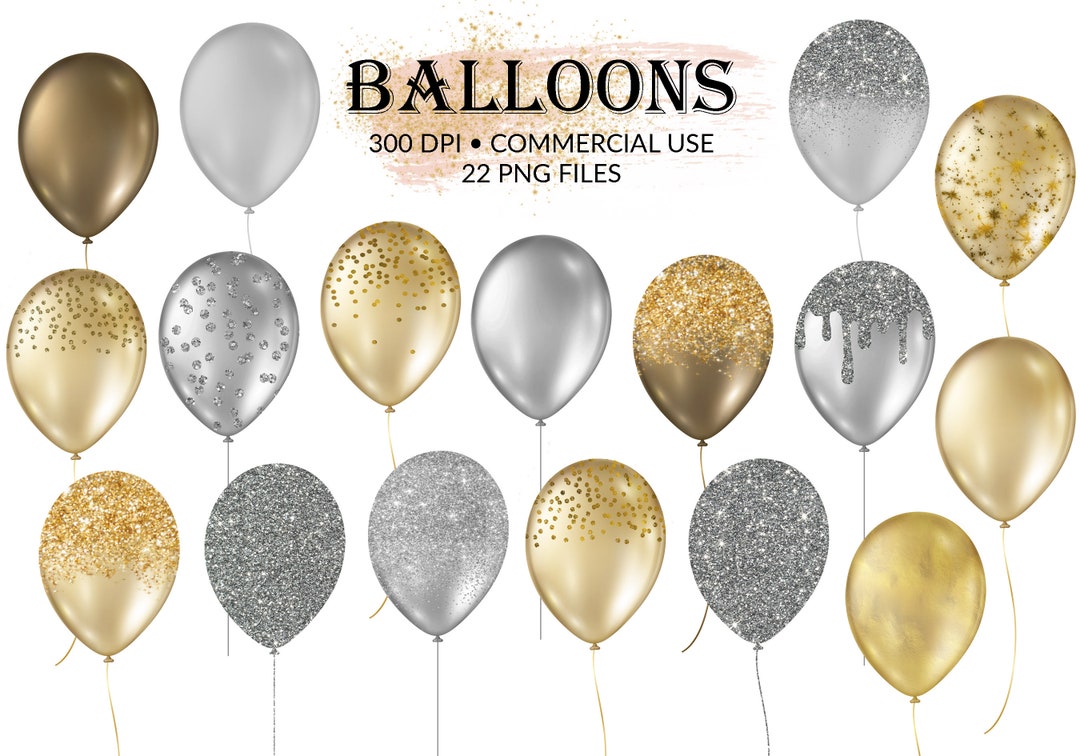 Gold and Silver Balloons Clipart, Glitter Balloons Clip Art, Foil Shine ...