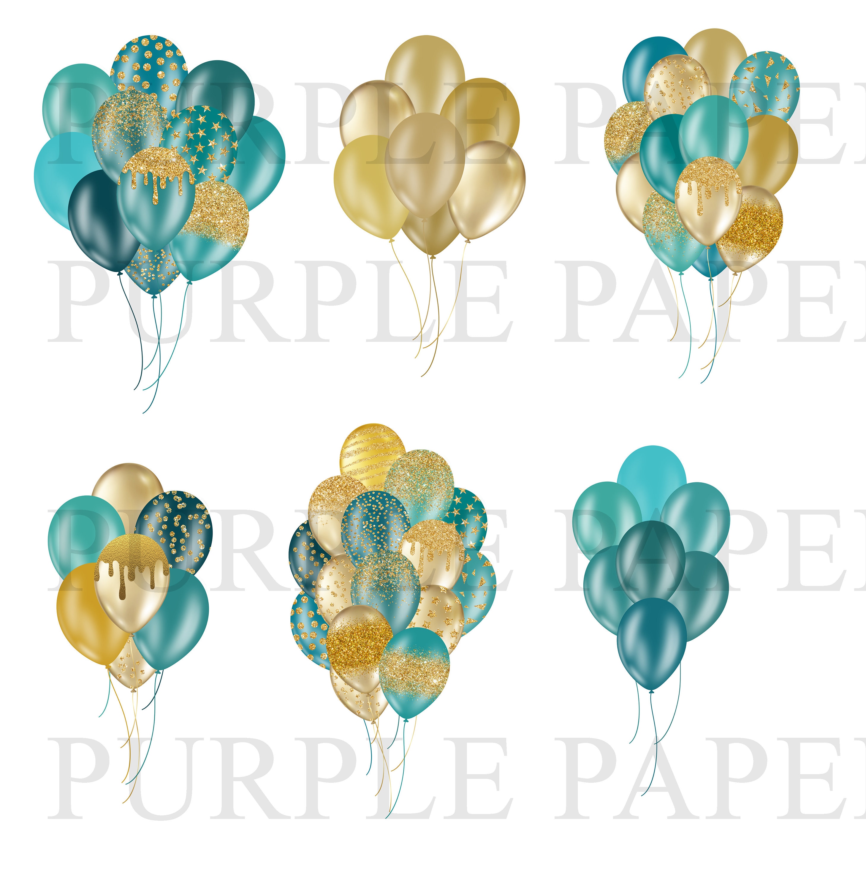 Teal and Gold Balloons Clipart Glitter Balloon PNG Digital | Etsy