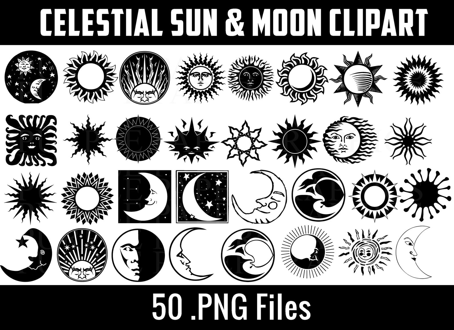 Sun and Moon Celestial Silhouette Clipart Birthday - Etsy