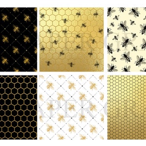 Honey Bee Hive Digital Paper, Black and Gold Bee Honeycomb Backgrounds ...