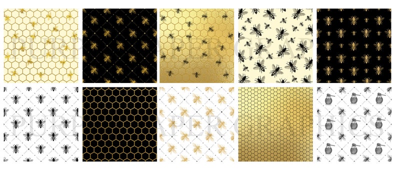 Honey Bee Hive Digital Paper, Black and Gold Bee Honeycomb Backgrounds ...
