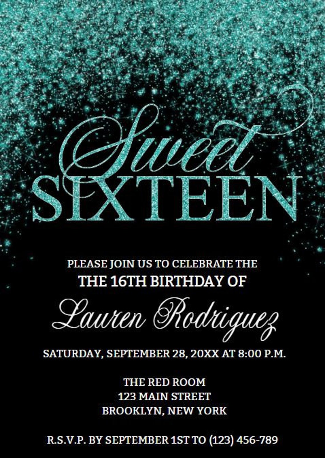 Aqua Glitter Sparkle Sweet 16 Invitation 83 Digital INSTANT - Etsy