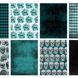 Gothic Teal Skulls, Grunge Digital Paper, Printable Backgrounds for ...