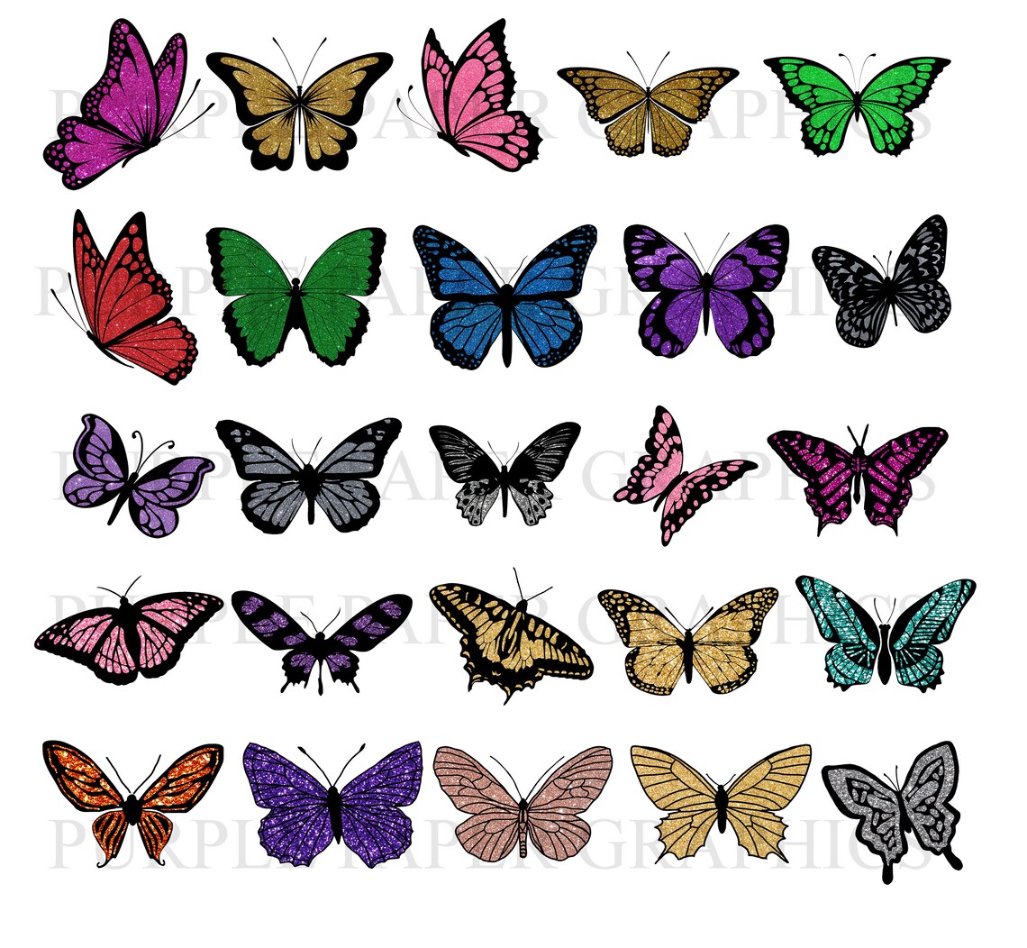 Glitter Butterflies Clip Art Vintage Colorful Butterfly - Etsy