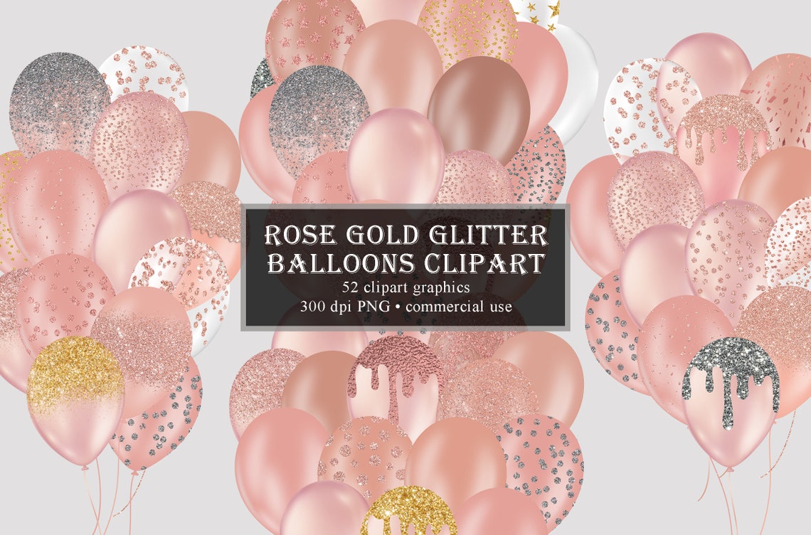 Rose Gold Balloons Clipart, Glitter Balloon PNG Digital Overlays ...