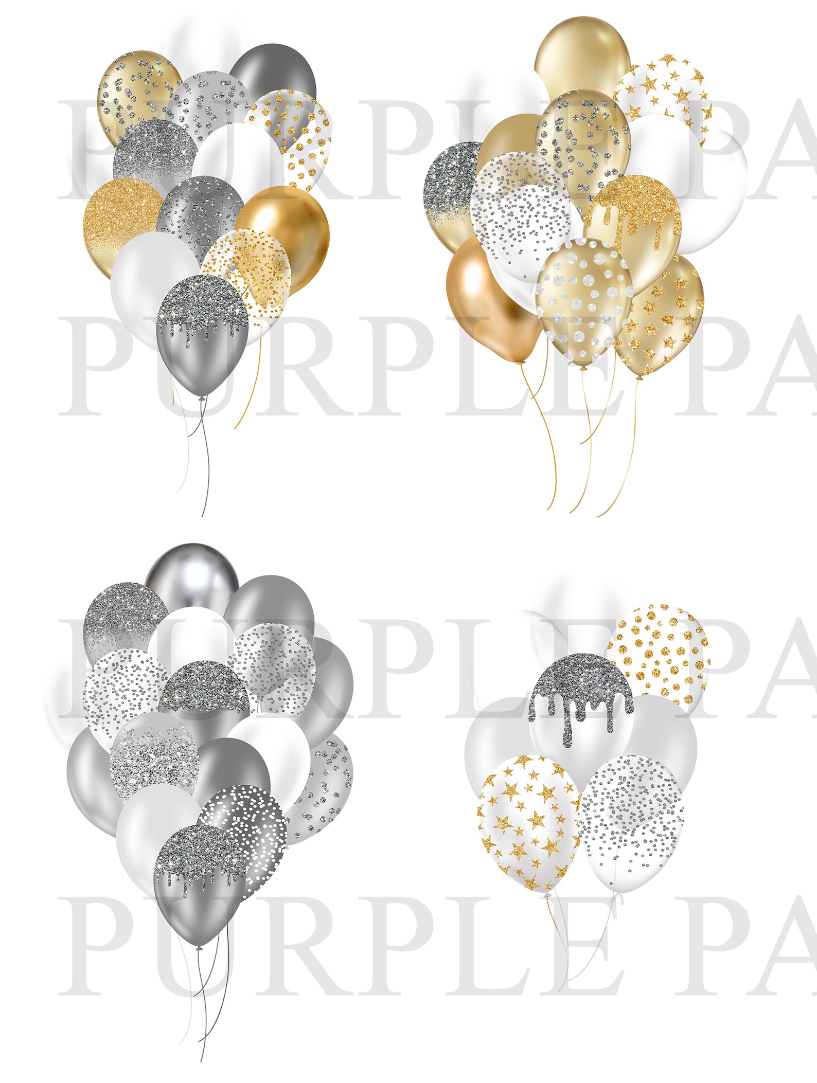 White Silver Gold Balloons Clipart, Glitter Balloon PNG Digital ...