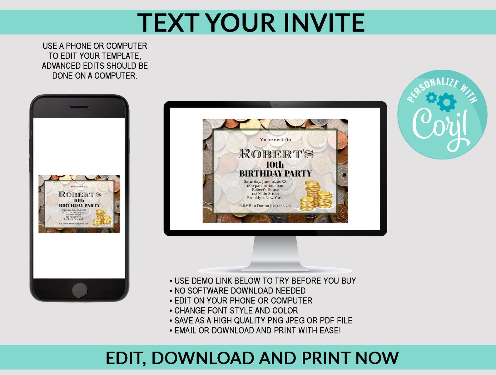 Money Birthday Invitation Coin Collector Theme Party - Etsy