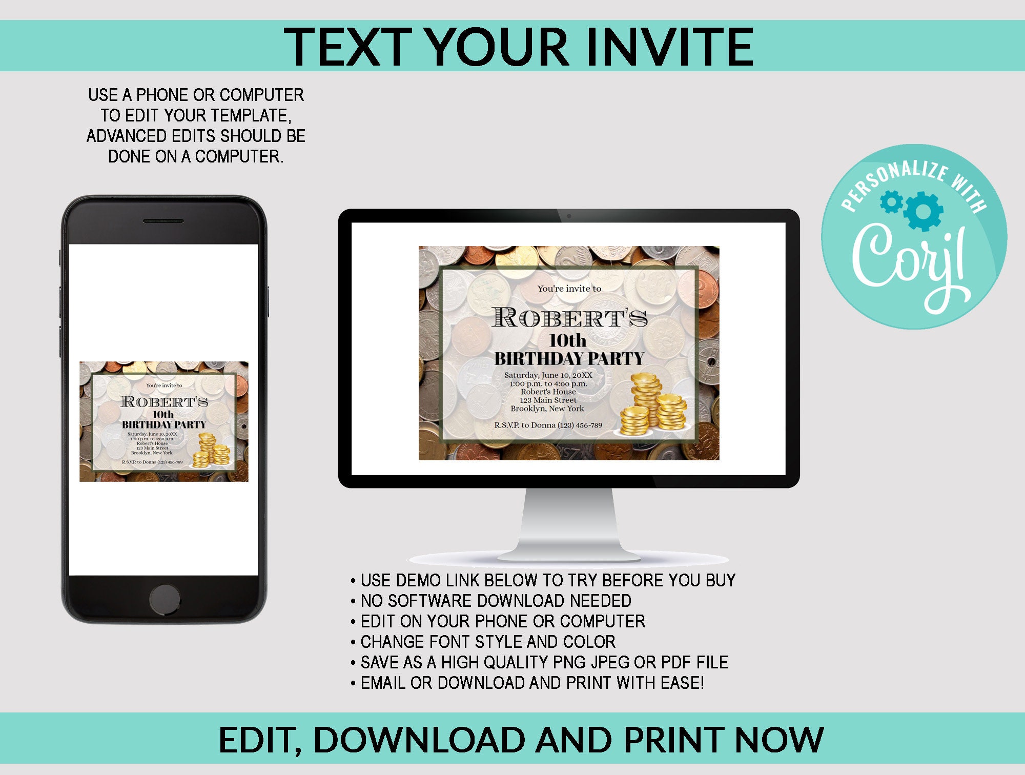 Money Birthday Invitation Coin Collector Theme Party | Etsy