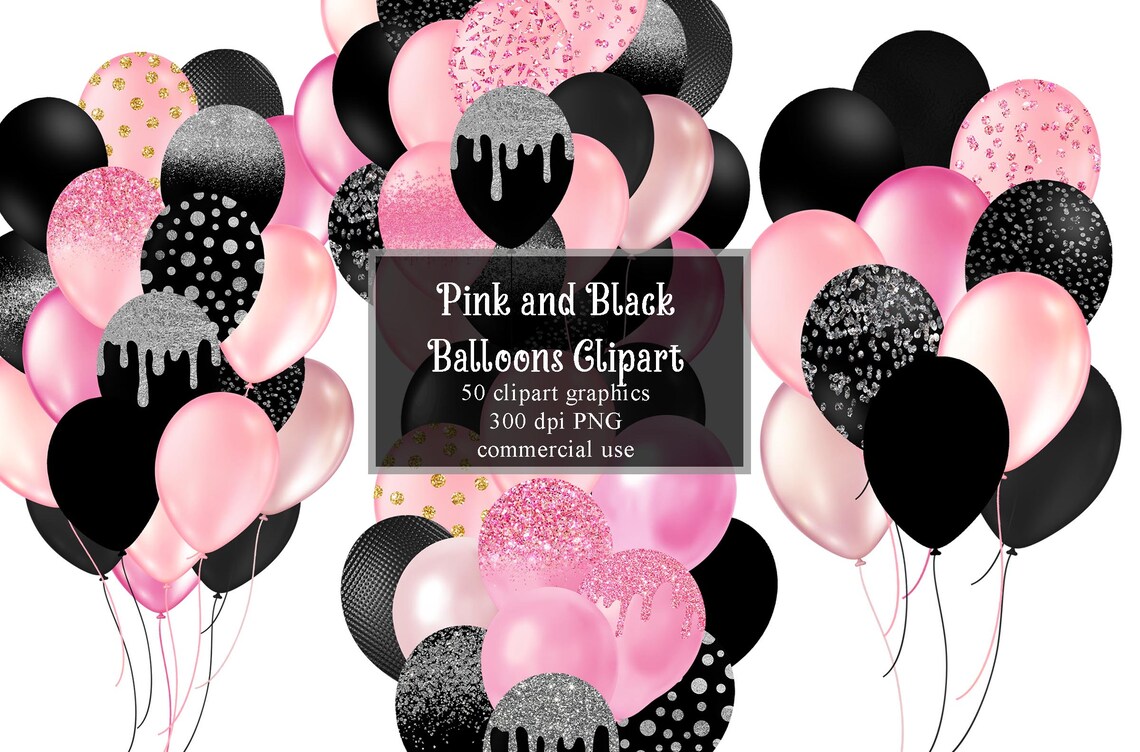 Pink and Black Balloons Clipart, Glitter Balloon PNG Digital Overlays ...