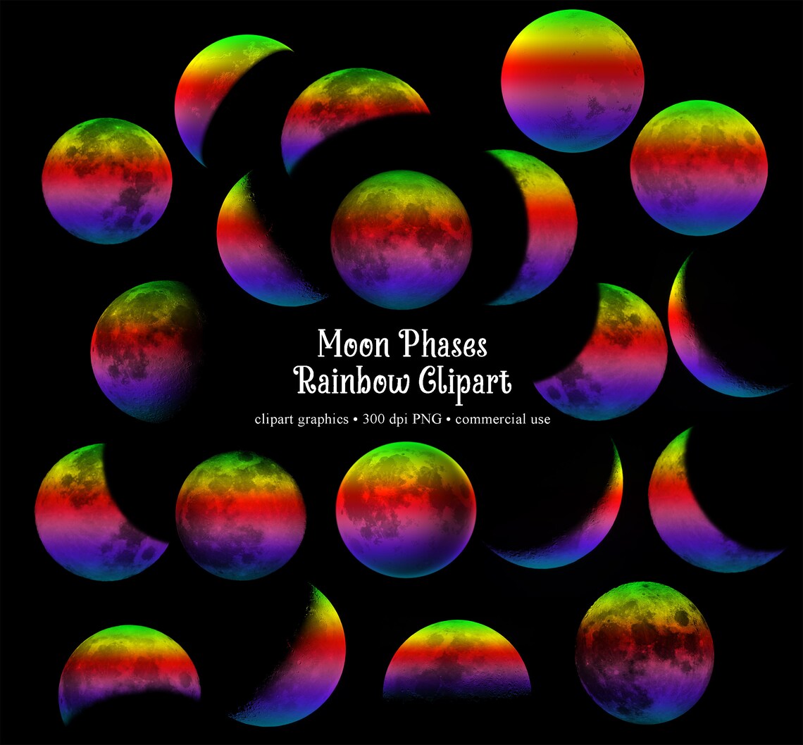 Rainbow Moon Phases Clipart Colorful Moon Clip Art Graphics - Etsy