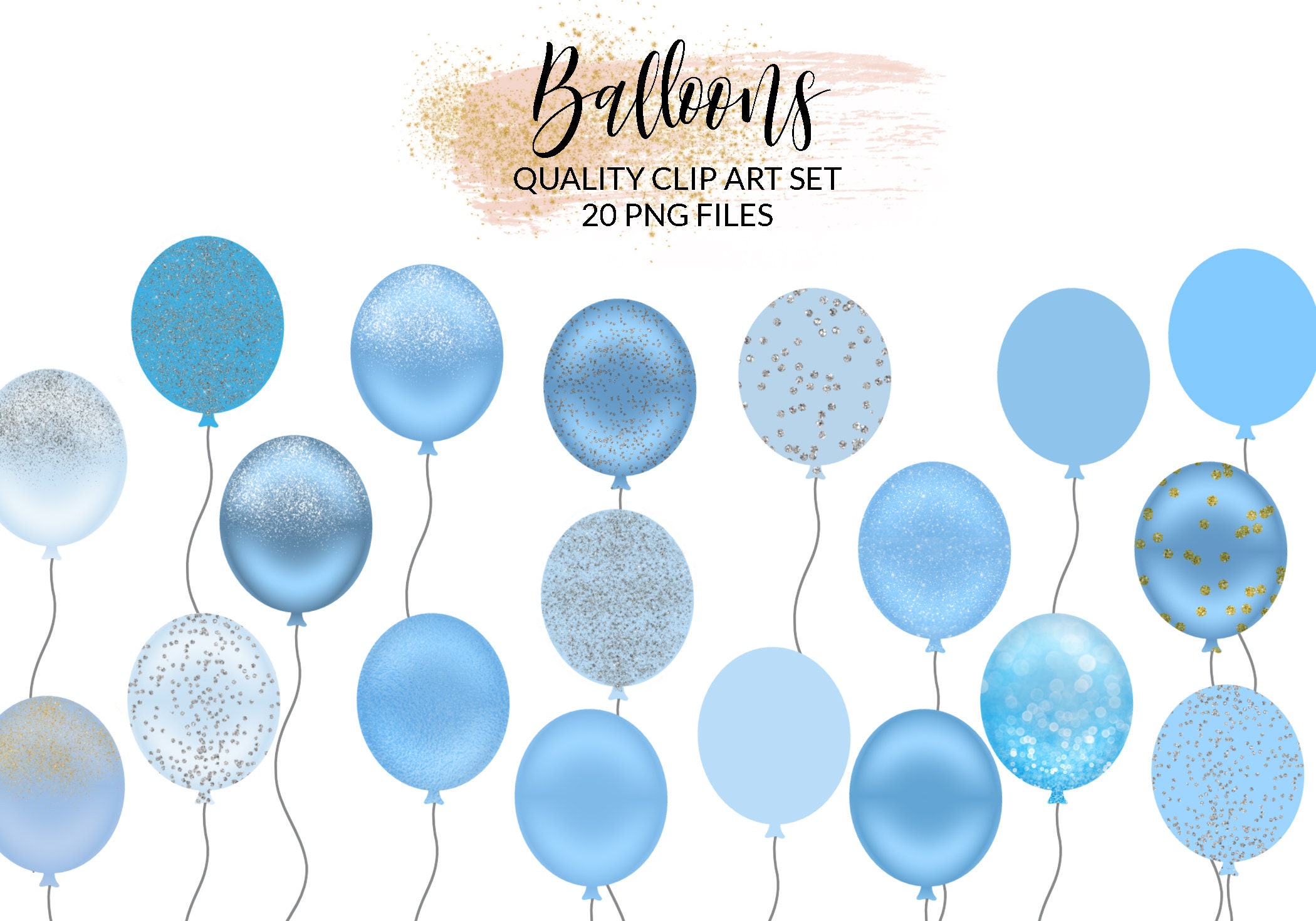 Light Blue Balloons Clipart 3 Glitter Balloons Clip Art | Etsy