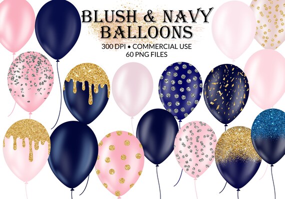 Blush Pink and Navy Blue Balloons Clipart Glitter Balloon PNG - Etsy